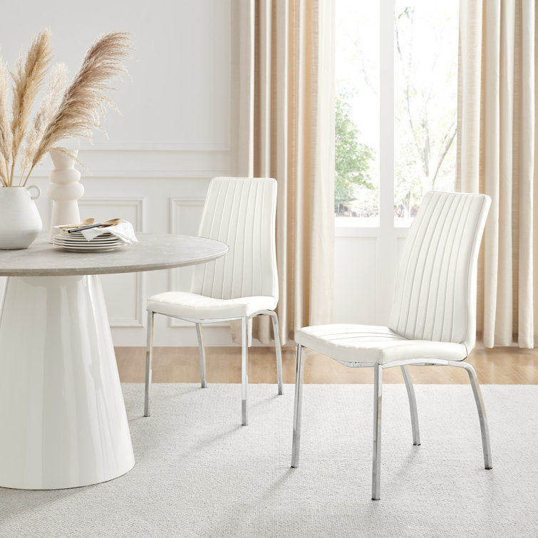 Simsbury Faux Leather Upholstered Chrome Leg Dining Chairs Modern Design Set of 2 The Twillery Co. Upholstery Color White